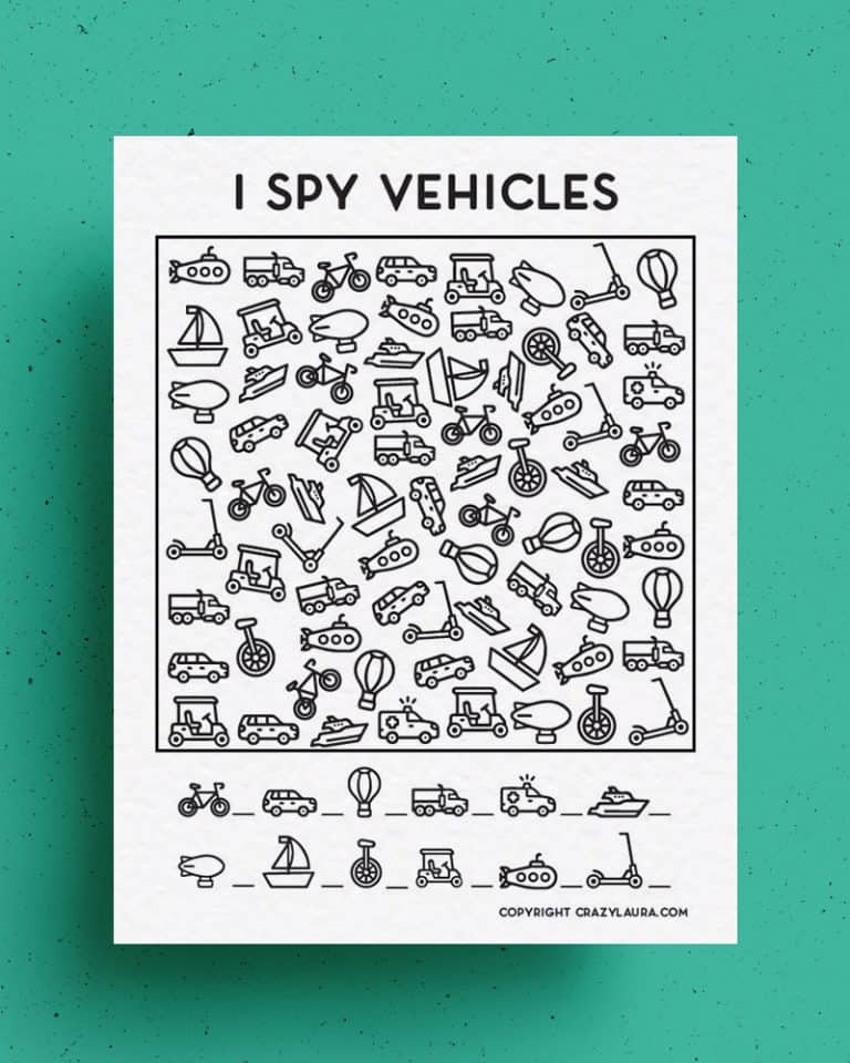 Free Vehicle I Spy Printable Game Pages For Kids - Crazy Laura