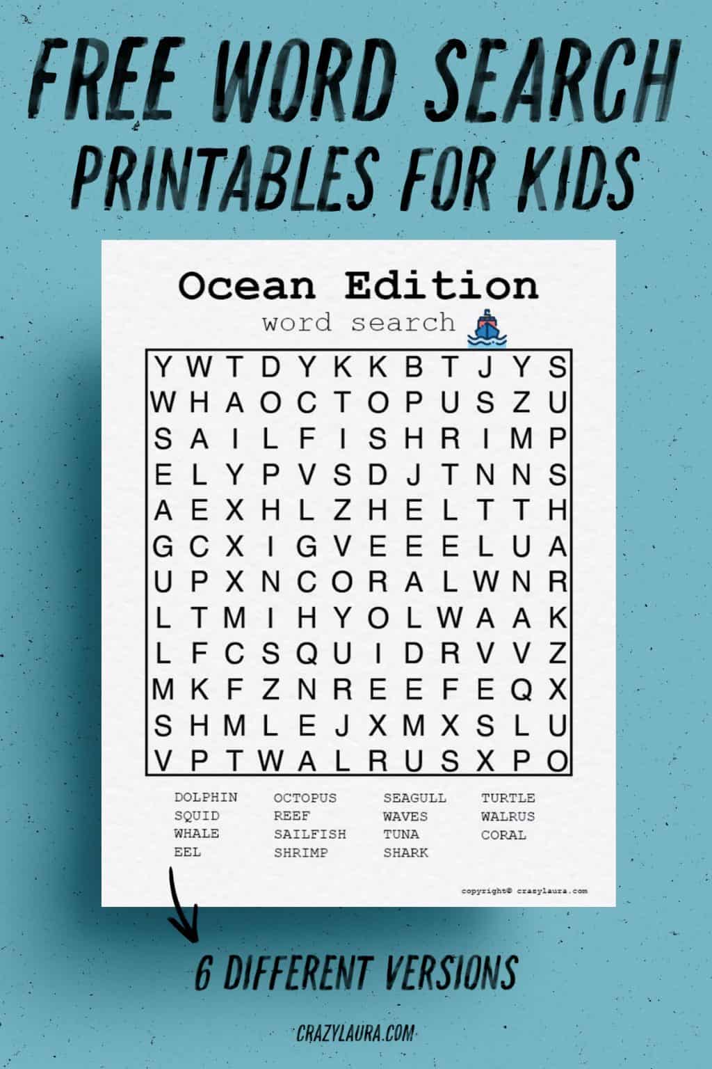 Free Ocean Word Search Printable Game Sheets - Crazy Laura