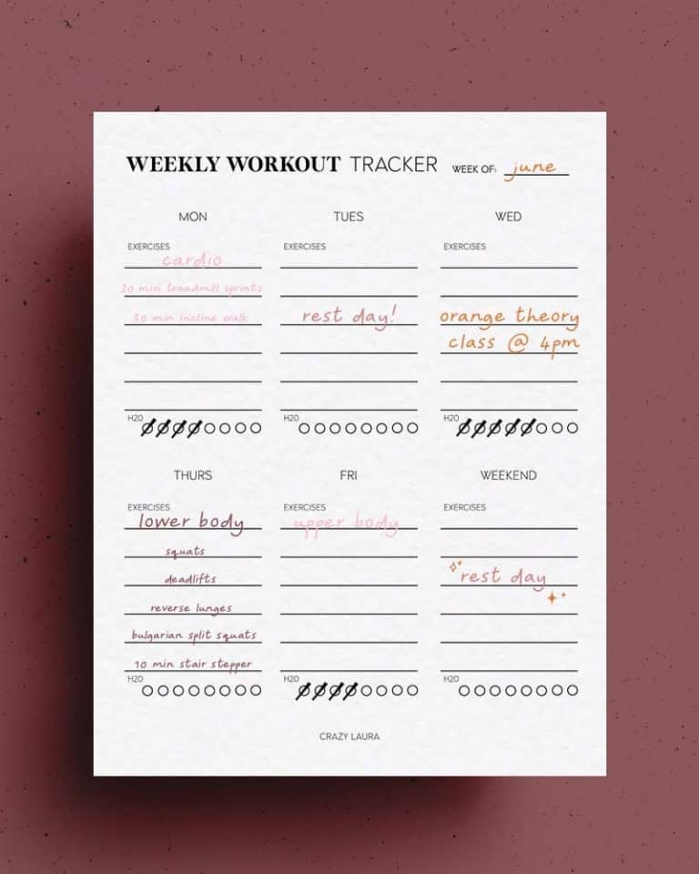 Free Workout Tracker Printable Weekly & Monthly Versions - Crazy Laura
