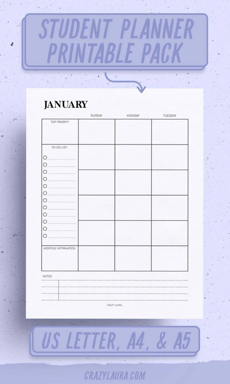 Student Planner Printable Pack With 16 Pages - Crazy Laura