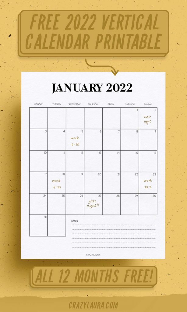 Free Vertical Calendar Printable For 2023 - UPDATED